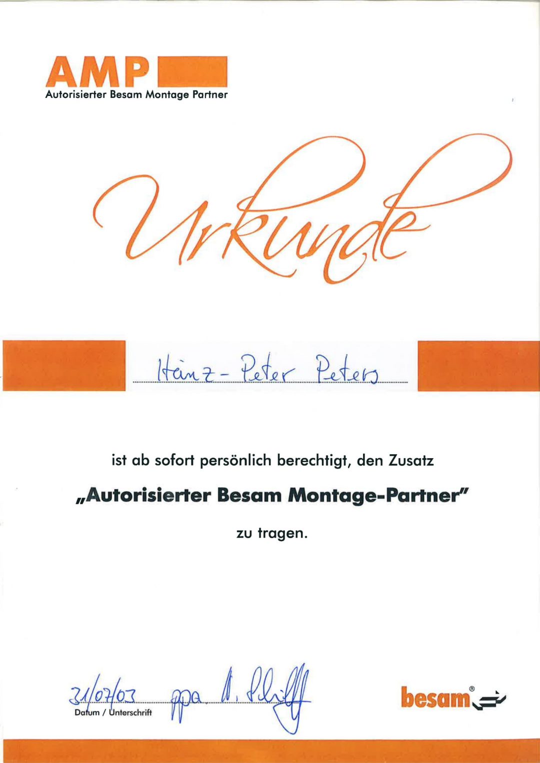 Urkunden/Zertifikate | Peters-Türanlagen